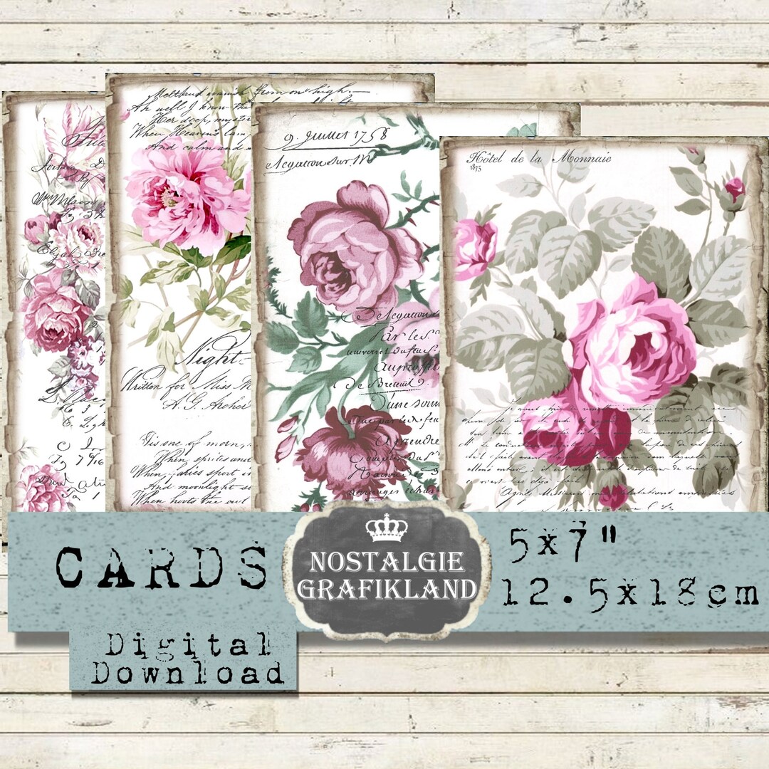 French Printable Ephemera Roses Digital Paper Ledger Letter Cards ...