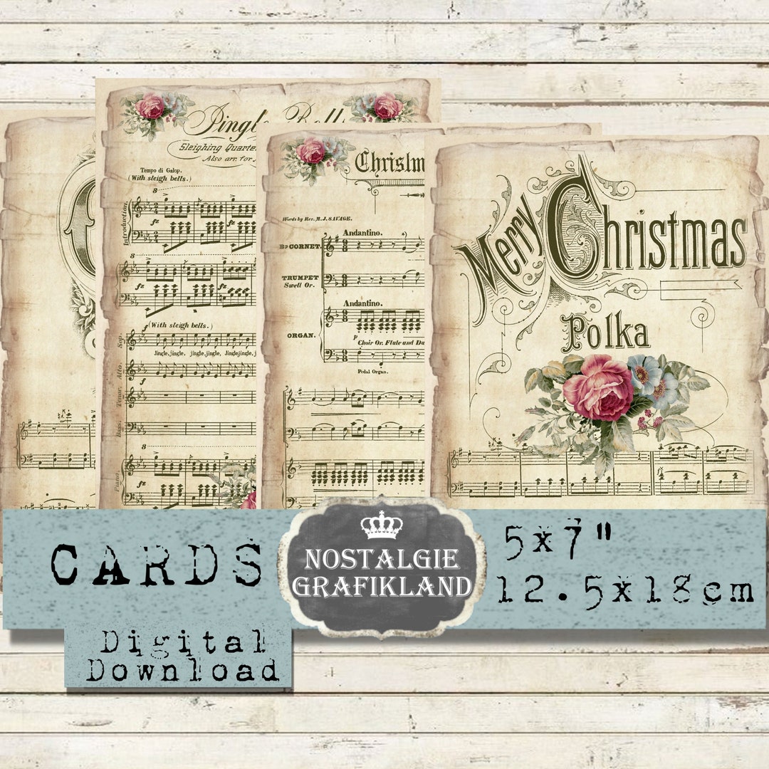 Christmas Cards Music Sheets Printable Shabby Chic Song Papers ...
