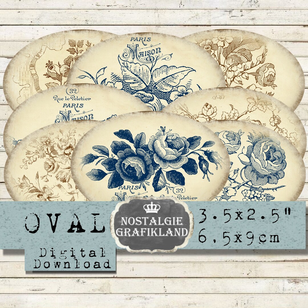 Sepia Blue Labels Printable Flowers Roses Antique Oval 3.5x2.5 Download ...