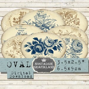Sepia Blue Labels Printable Flowers Roses Antique Oval 3.5x2.5 Instant ...