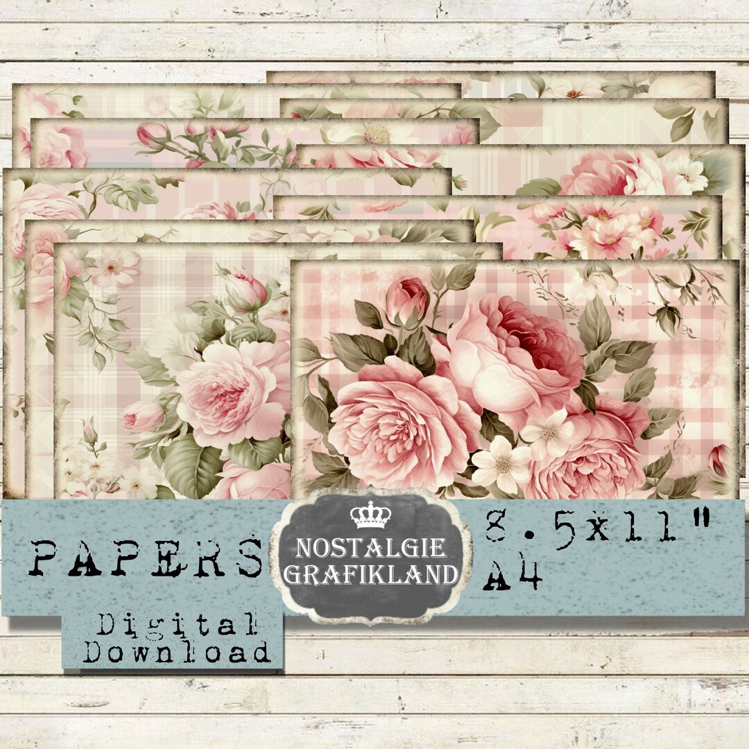 SHABBY CHIC Roses Printable Landscape Digital Paper Pack Horizontal ...