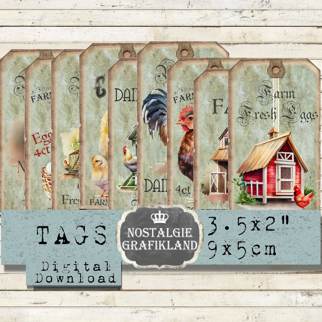 Farm Tags Printable Rooster Fresh Eggs Hen Farmhouse Journaling Farming ...