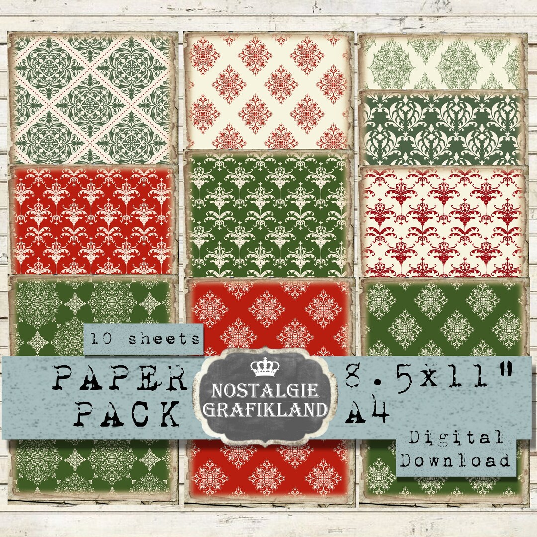 CHRISTMAS Background Printable Damask Red Green Digital Paper Pack ...