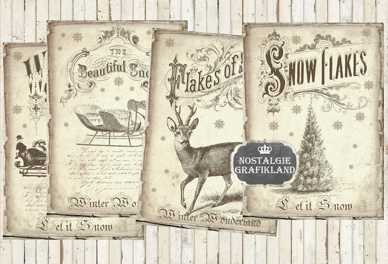 Winter Cards Snow Flakes Printable Deer Sledge Tree 5x7 Christmas Ink ...