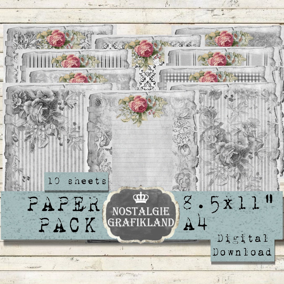 GREY Background Printable Paper Pack Vintage Stripes Dots Checked ...