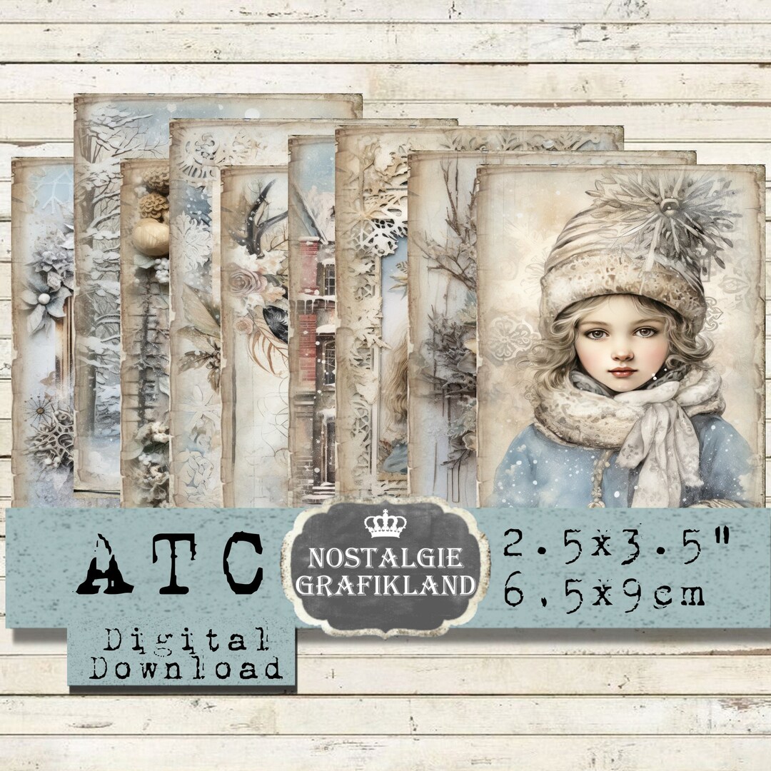 Winter Printable Girls Snow Deer Birds ATC Journaling Prints Shabby ...