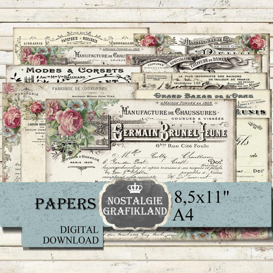 FRENCH DOCUMENTS Printable Papers Landscape Ephemera Vintage Digital ...