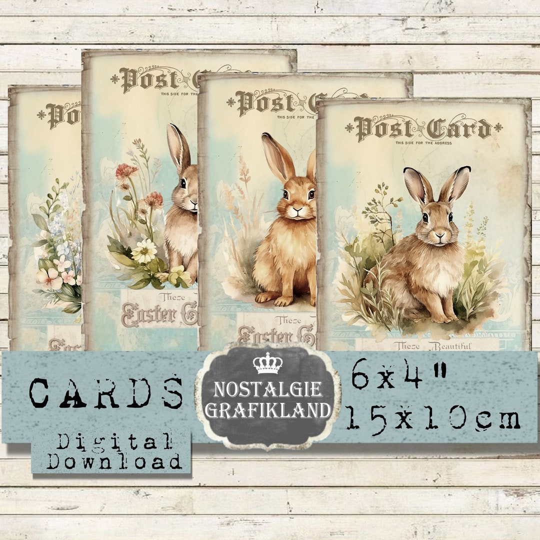 Easter Rabbits Postcards Printable Bunnies Digital Bunny Cards Happy ...