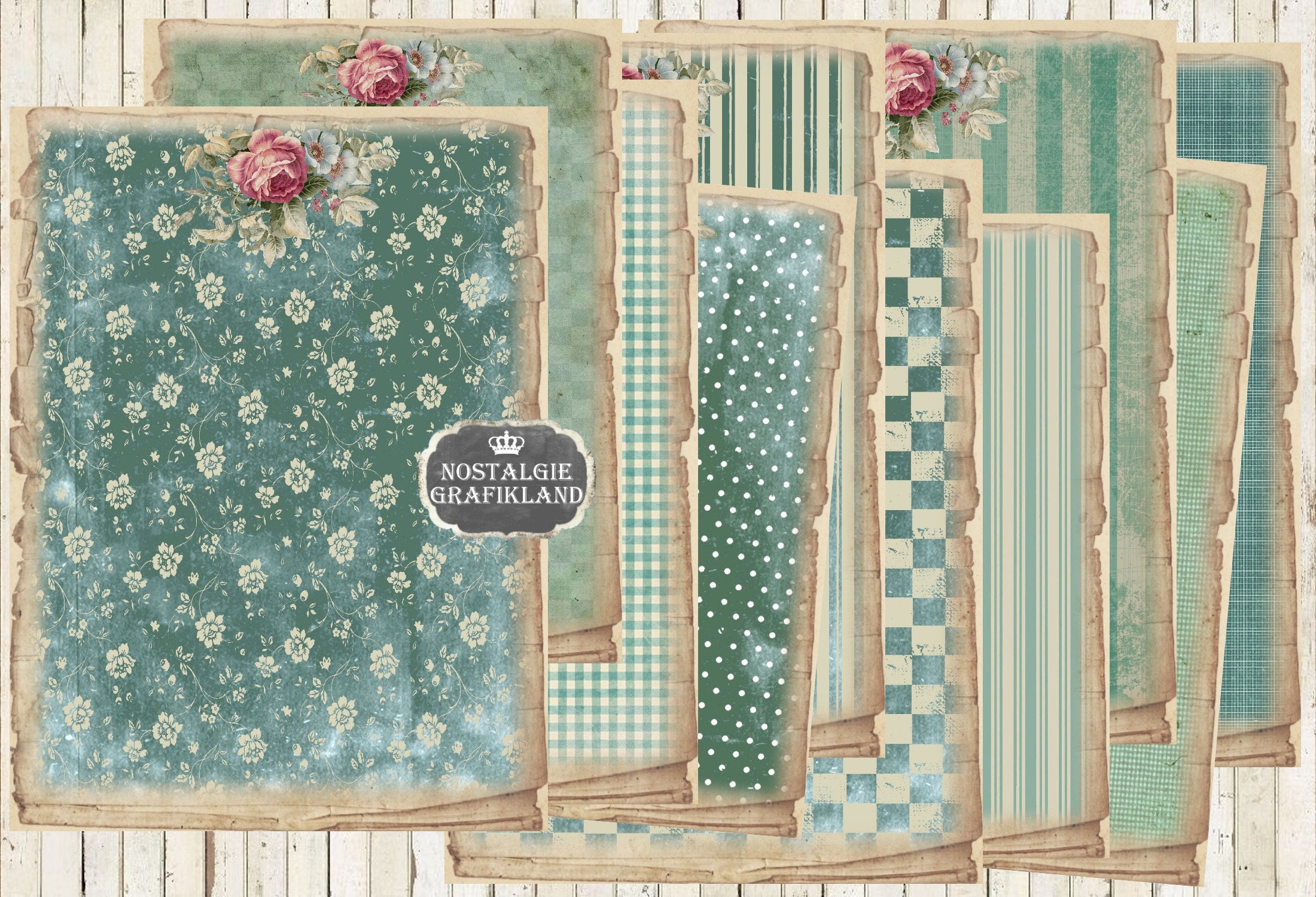 GREEN Background Printable Paper Pack Vintage Digital Stripes Dots ...
