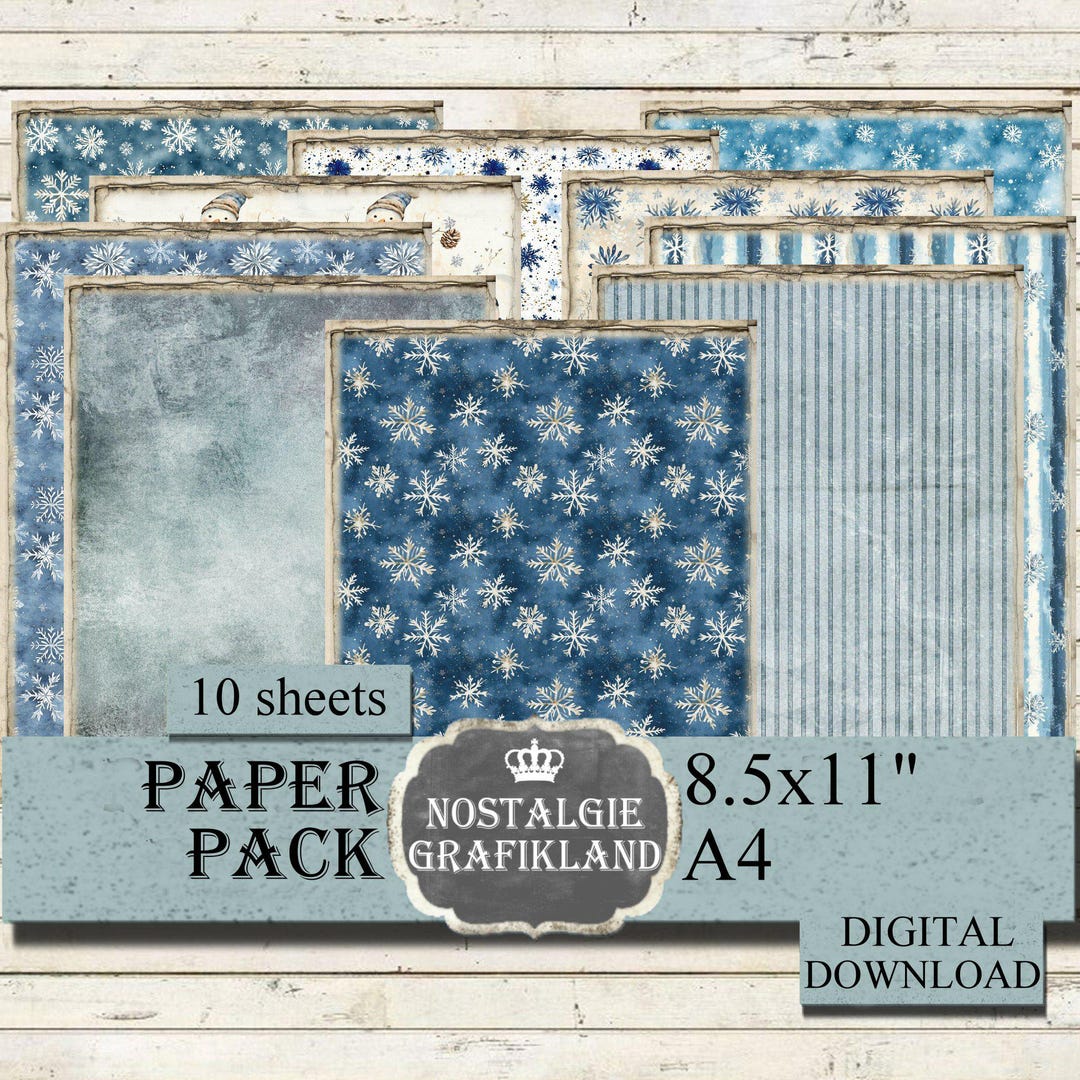 WINTER SNOW BLUE Digital Papers Printable Background Snowman Stars ...