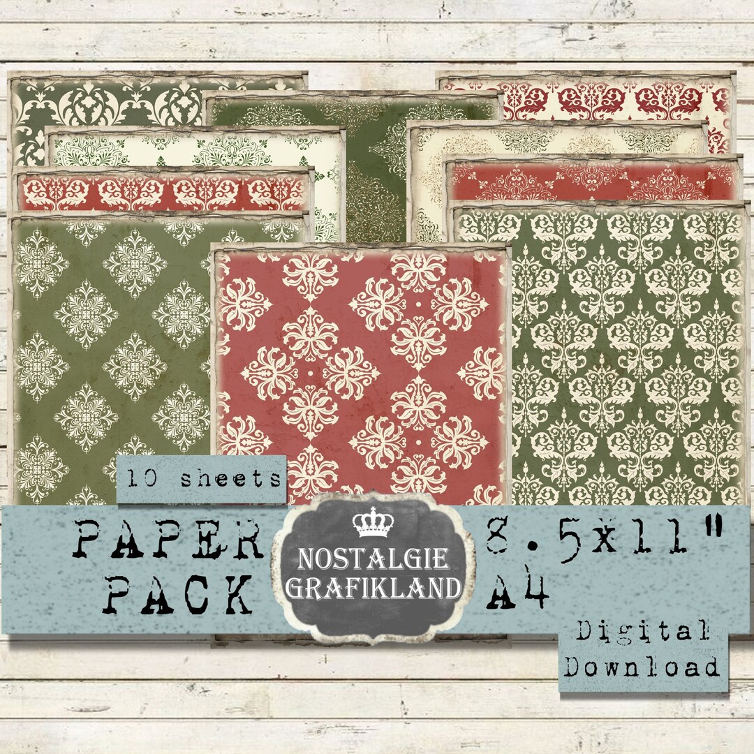 RED GREEN Distressed Background Printable Christmas Damask Digital ...