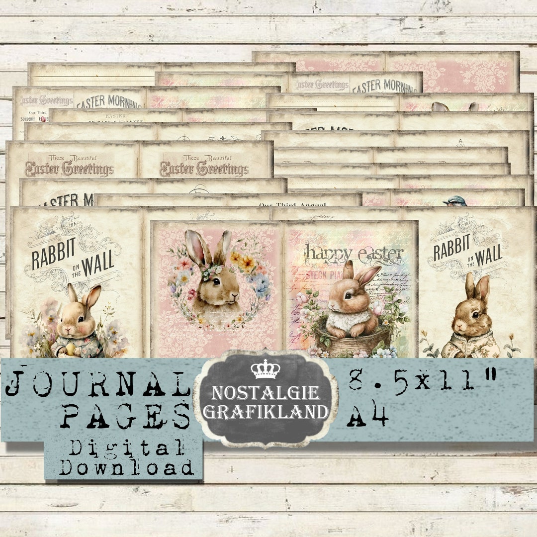 RABBITS EASTER Journal Pages Vintage Rabbit Bunnies Eggs Journaling ...