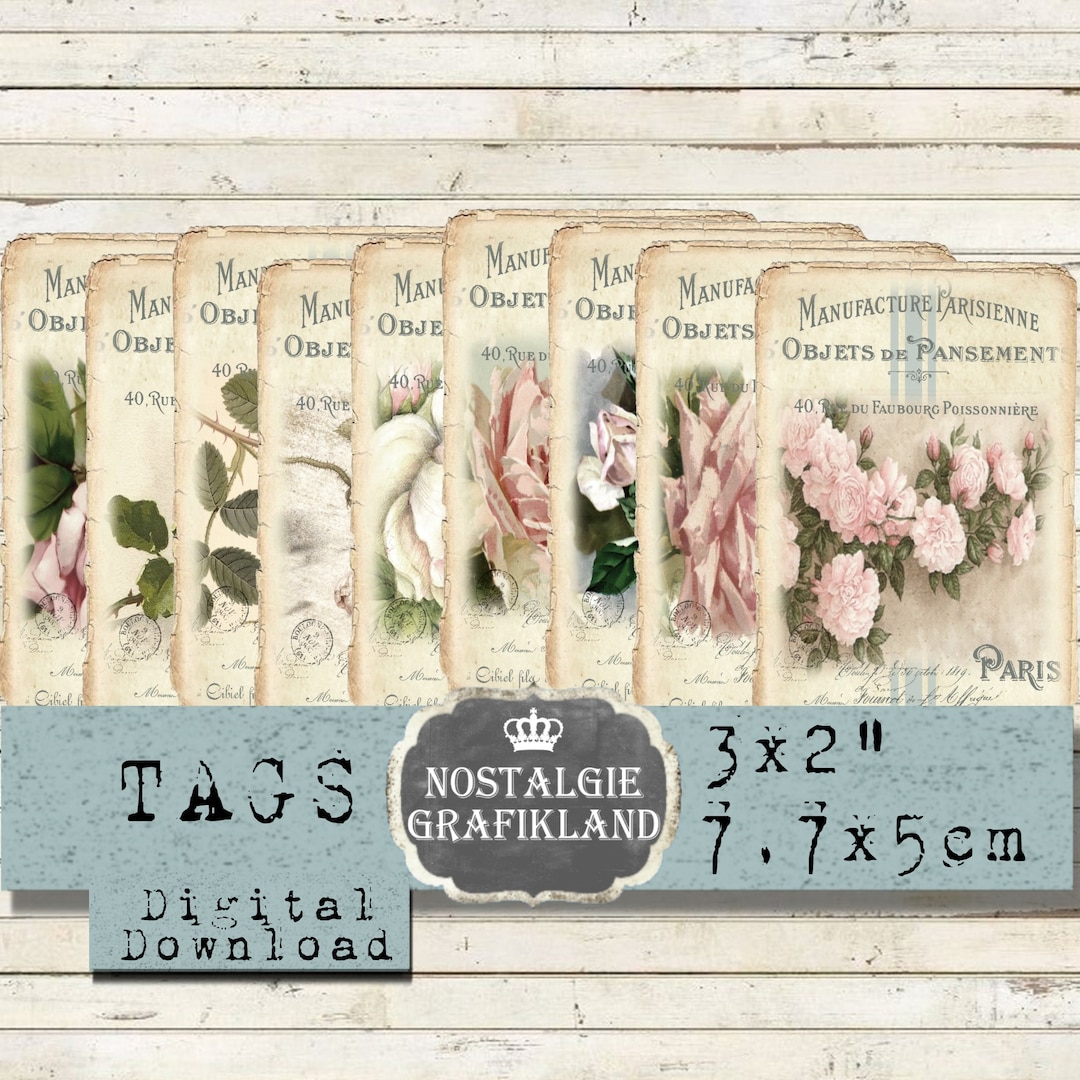 French Roses Tags Printable Vintage Journaling Instant Download ...