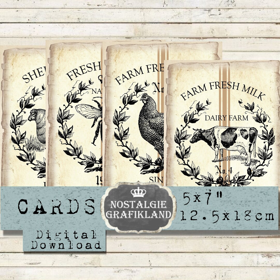 Farm Digital Cards Rooster Papers Printable Vintage Rustic Country ...