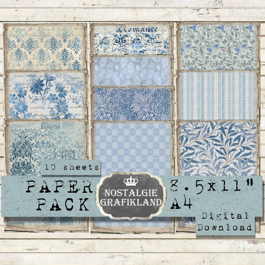 BLUE Paper Pack Vintage Printable Background Damask Strips - Etsy
