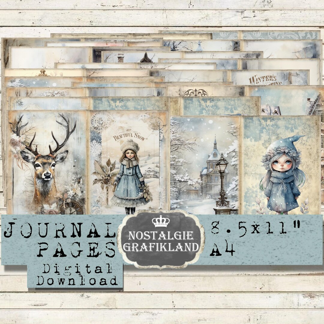 SHABBY WINTER Printable Journal Pages Digital Double Page Blue Snow ...