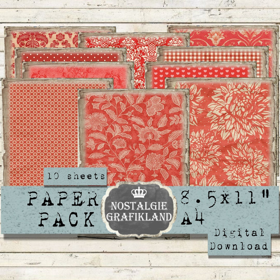 RED Background Printable Paper Pack Vintage Christmas Valentin Damask ...