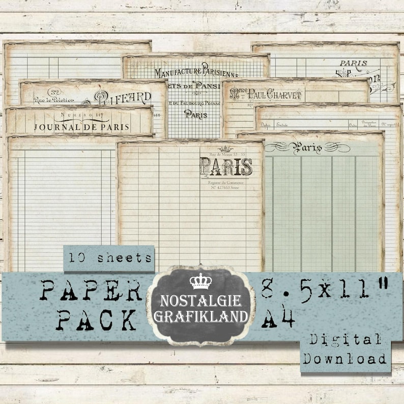 FRENCH LEDGER Printable Paper Pack Paris Digital Papers Old Vintage ...