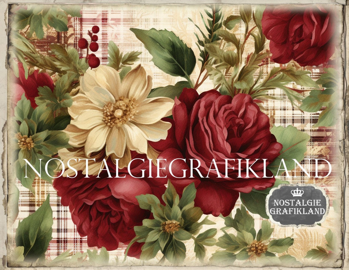 RED ROSES Papers Printable Landscape Horizontal Shabby Roses Scrapbook ...