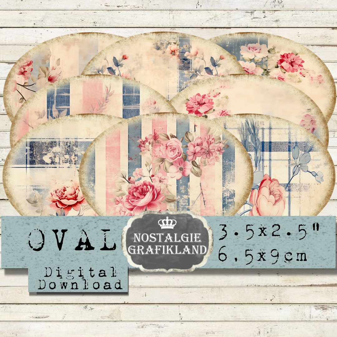 Faded Shabby Chic Labels Flowers Roses Oval Red Pink 3.5x2.5 Digital ...