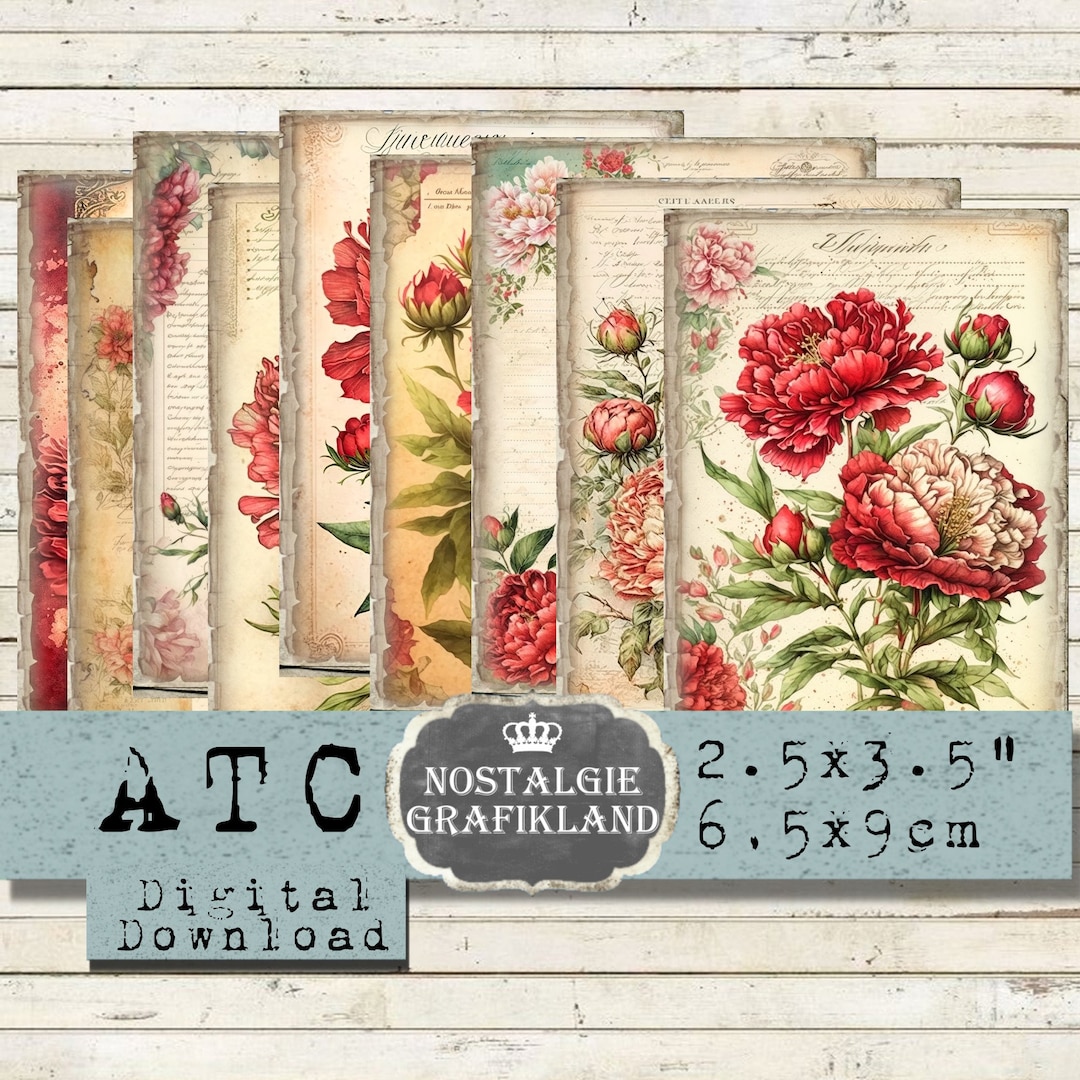 Red Peonies Printable ATC Cards Aceo Digital Journaling Flowers Floral ...