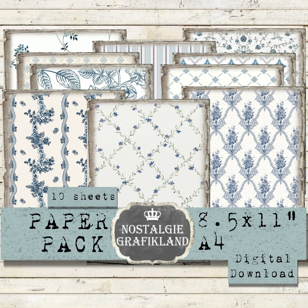 BLUE Papers Printable Pattern Background Damask Strips Flowers White ...