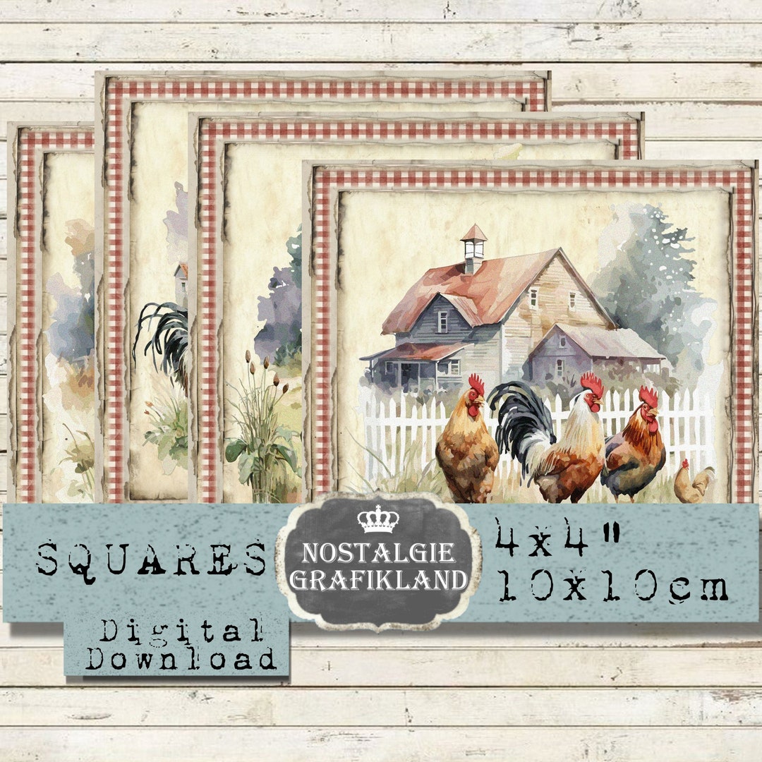 Farm Squares Printable Rooster Country Coaster Decoupage Journaling ...