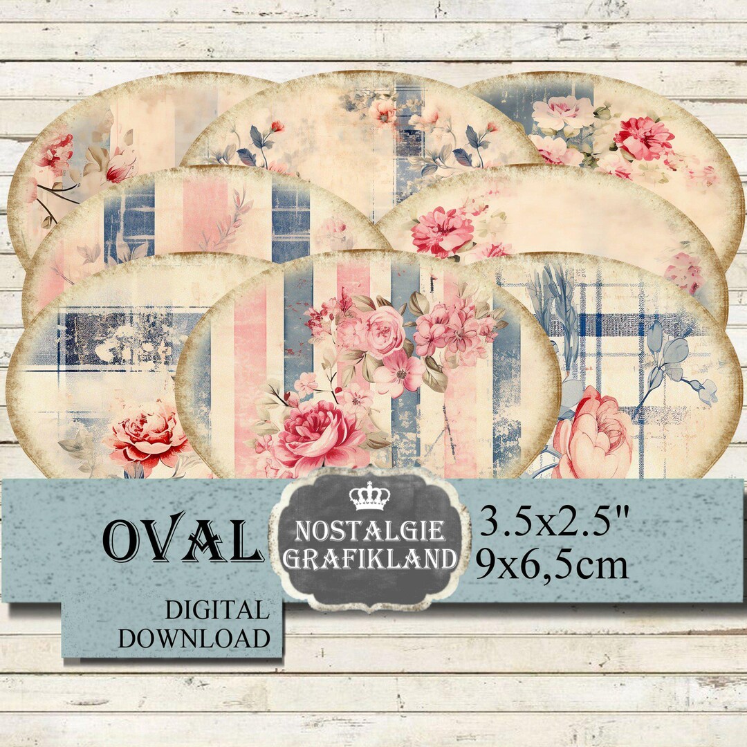 Faded Shabby Chic Labels Flowers Roses Oval Red Pink 3.5x2.5 Digital ...