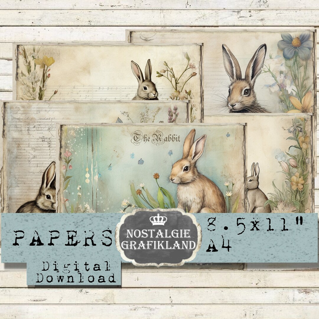 RABBITS Printable Papers Easter Bunnies Landscape Journaling Horizontal ...