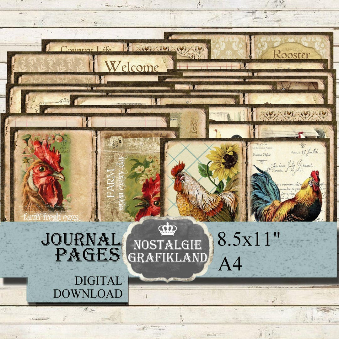 ROOSTER & HEN Journal Pages Farm Fresh Eggs Country Ephemera Rustic ...