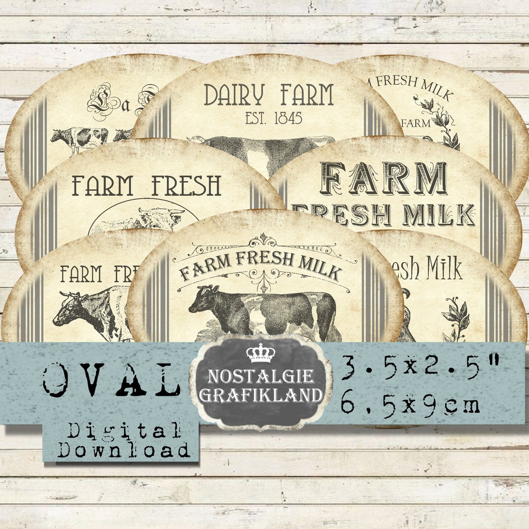 Farm Fresh Milk Cow Labels Printable Ovals Etiquettes Journaling ...