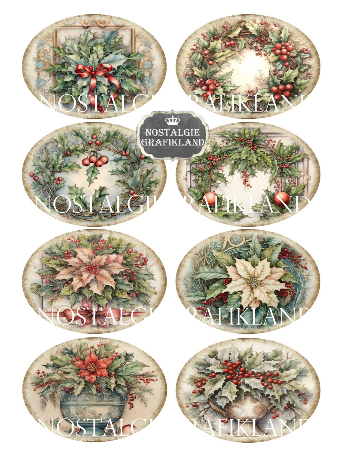 Christmas Labels Wreath Oval Shabby Chic Printable Ovals 3.5x2.5 ...