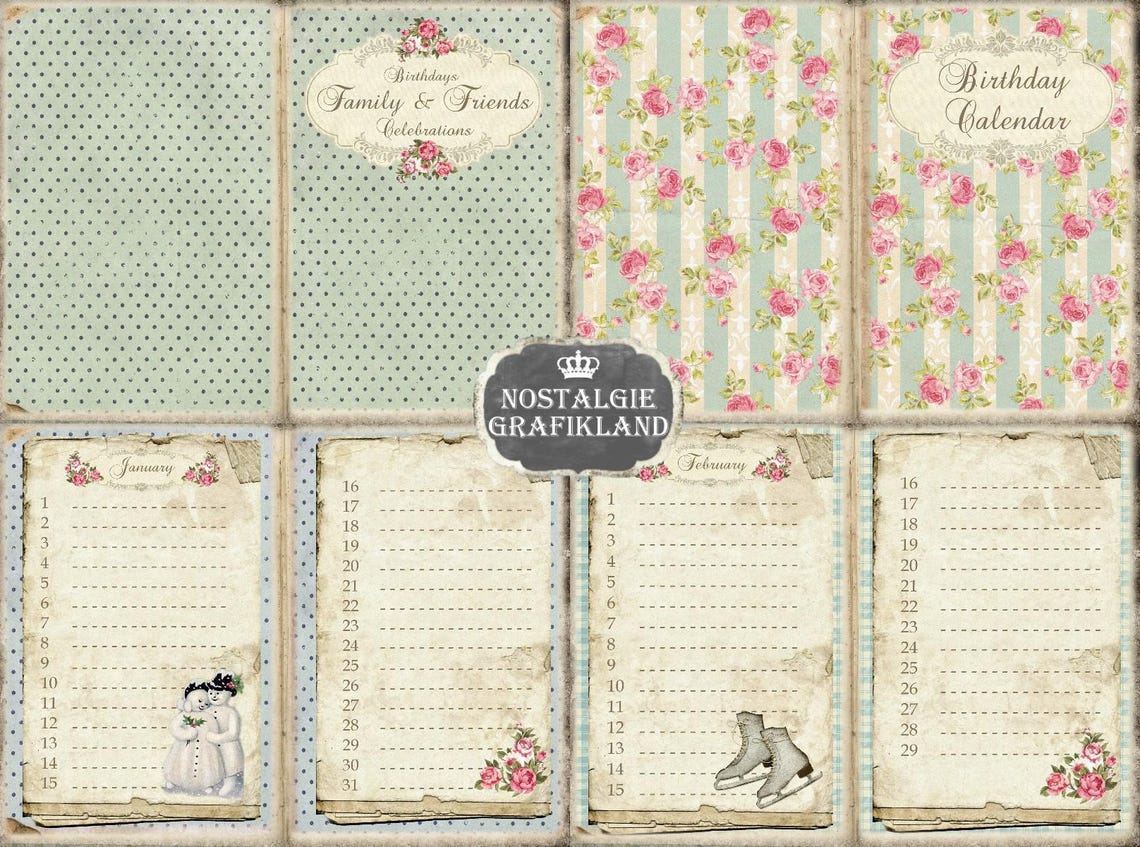BIRTHDAY CALENDAR Shabby Chic Journal Pages Diary Date Book Junk ...