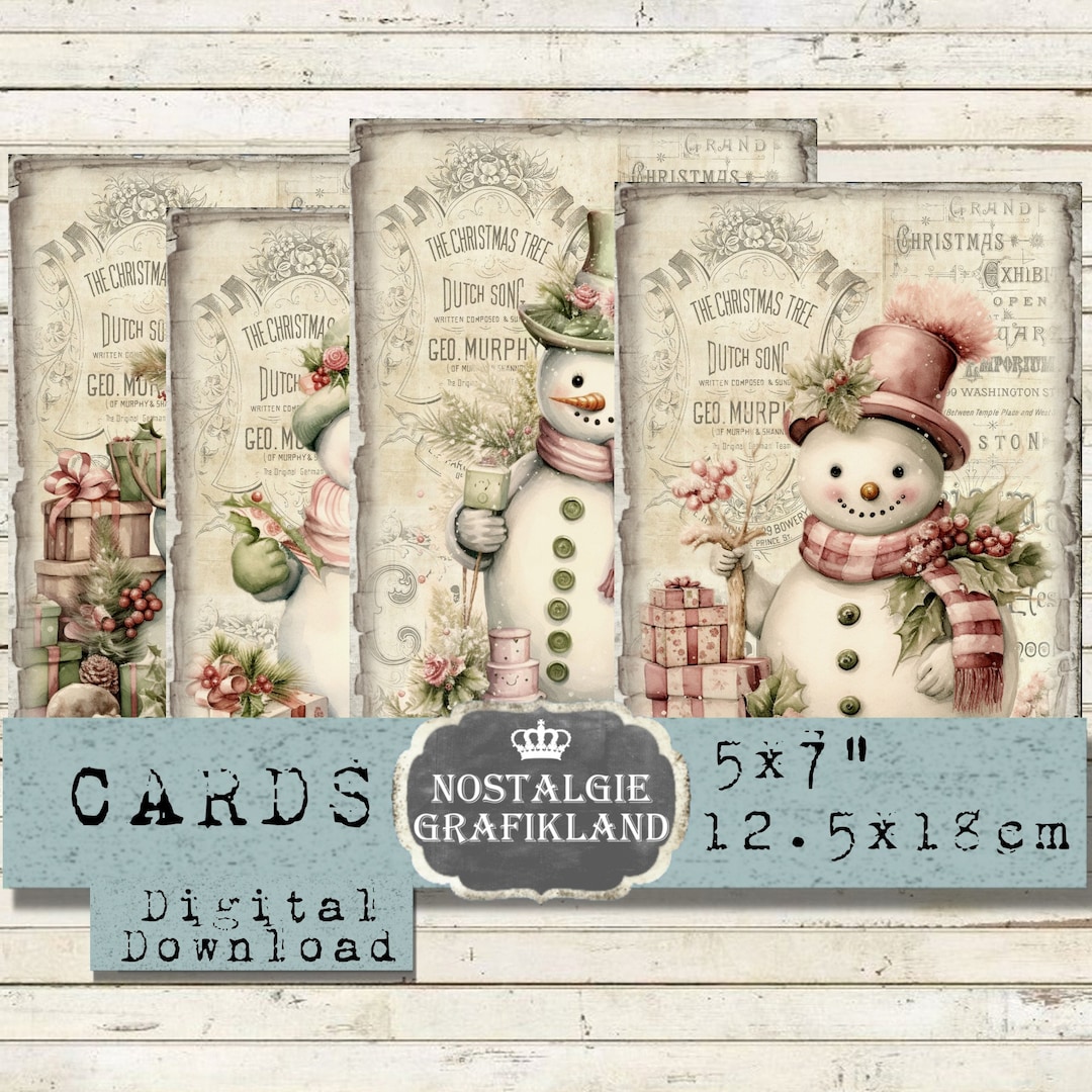 Winter Snowman Pink Snowmen Cards Shabby Chic Snow Flakes Papers ...