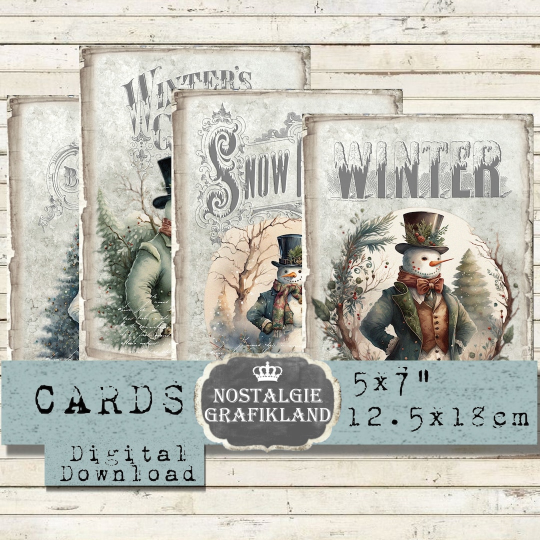 Winter Snowman Printable Snowmen Cards Shabby Chic Snow Flakes Papers ...