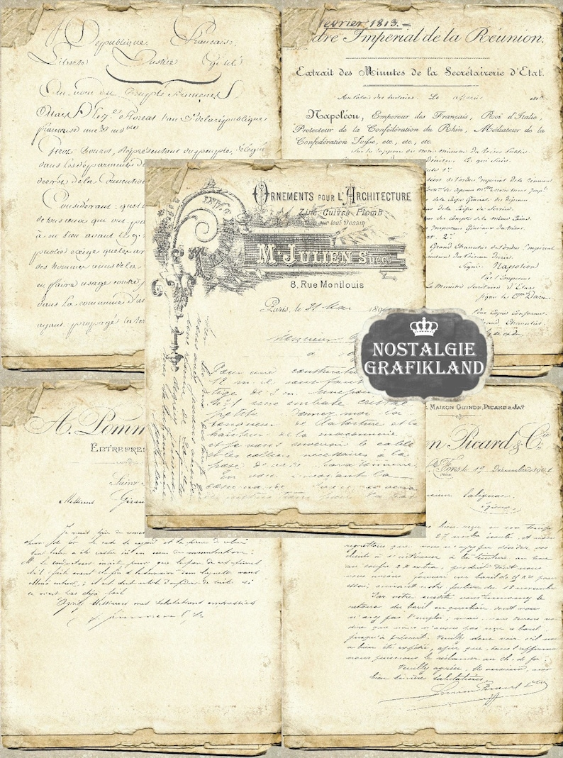 FRENCH LETTERS Digital Papers Tattered Ephemera Printable Handwriting ...