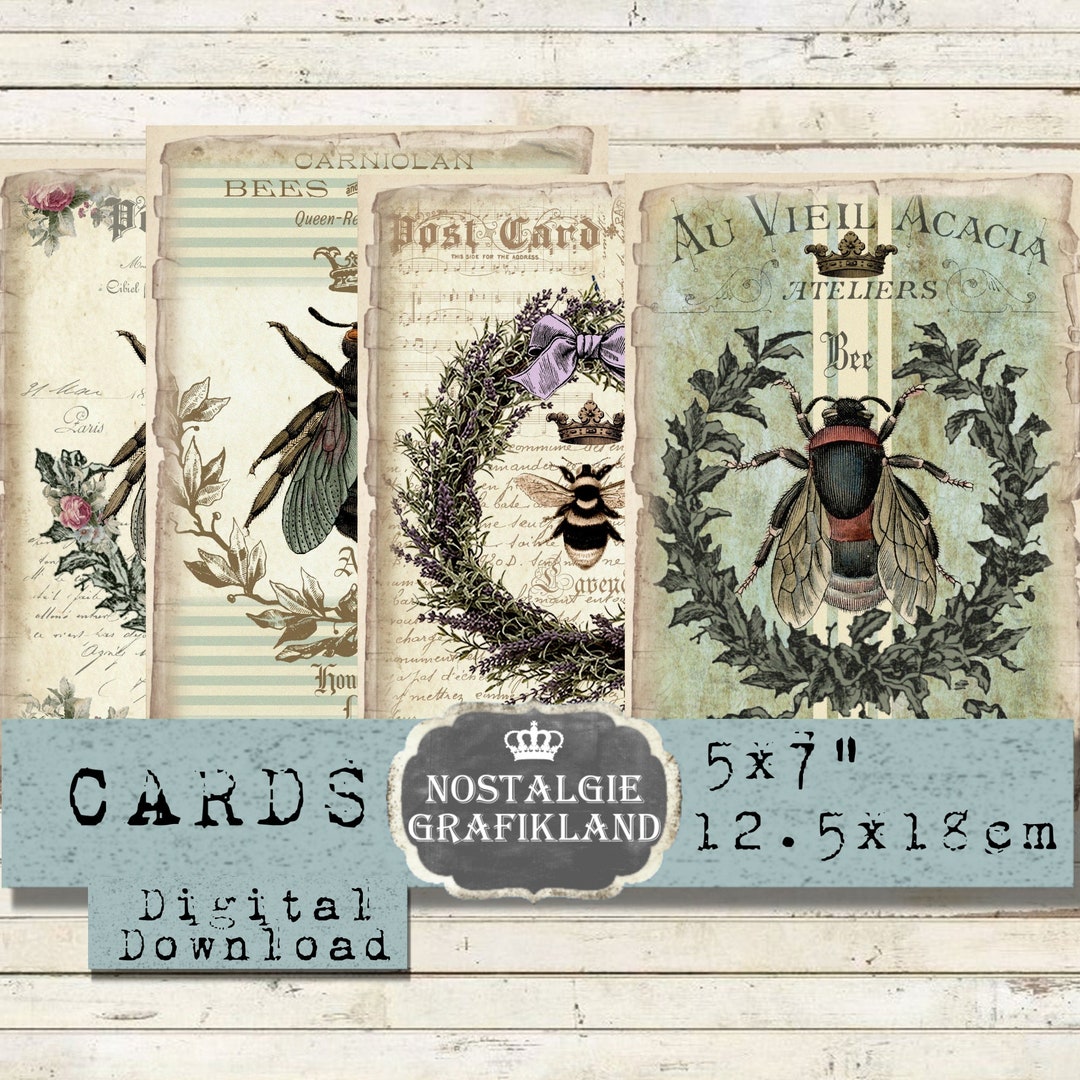 Bee Digital Cards Printable Insect Beekeeping Honey Bee Vintage Queen ...