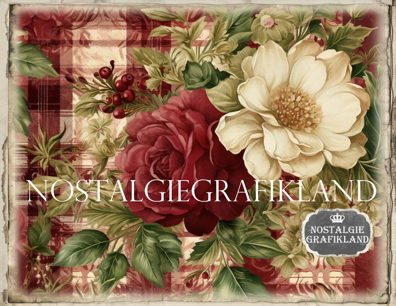 RED ROSES Papers Printable Landscape Horizontal Shabby Roses Scrapbook ...