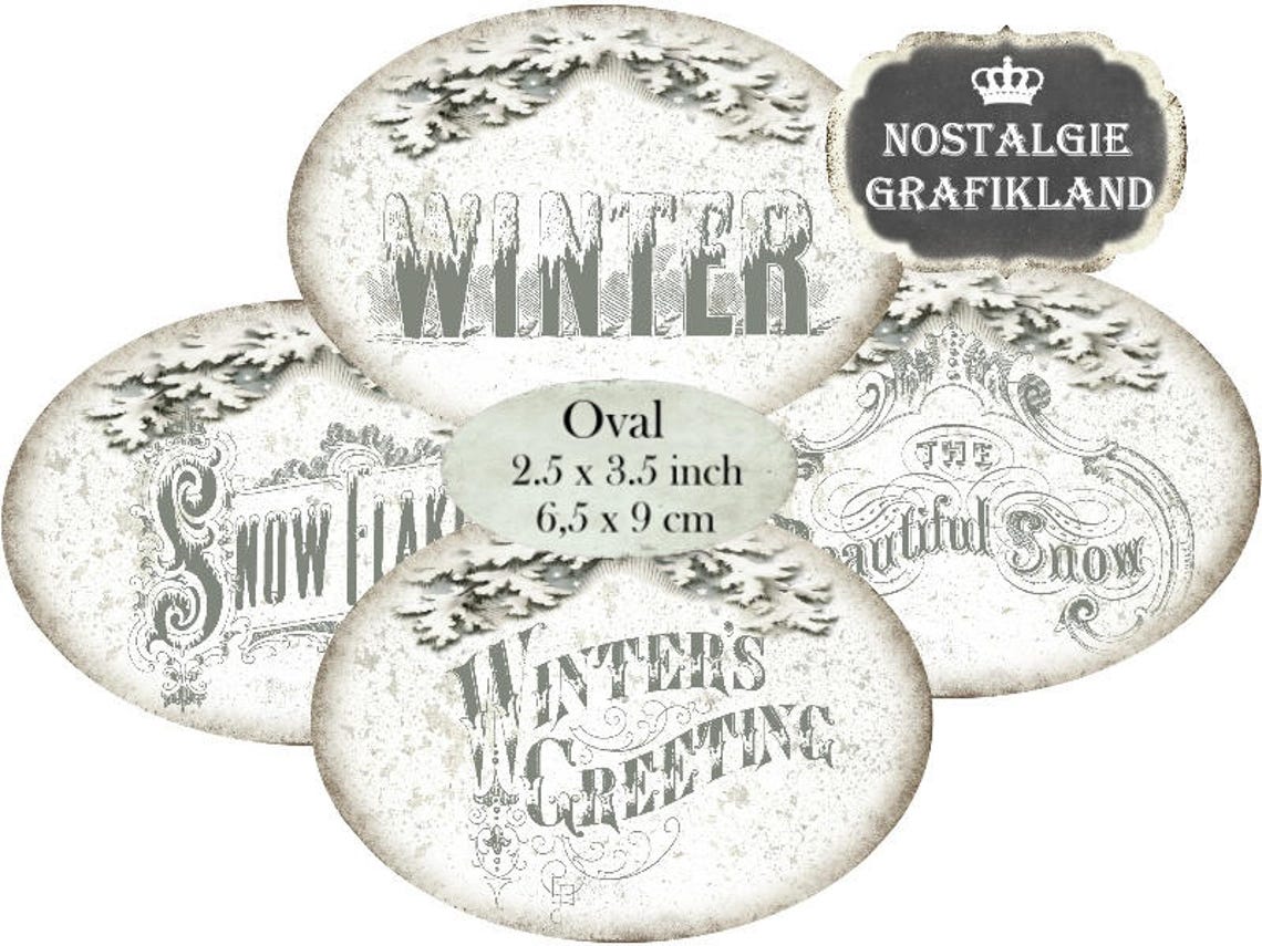 Winter Labels Snow Printable Greetings Snowflakes Ice Oval 3.5 - Etsy