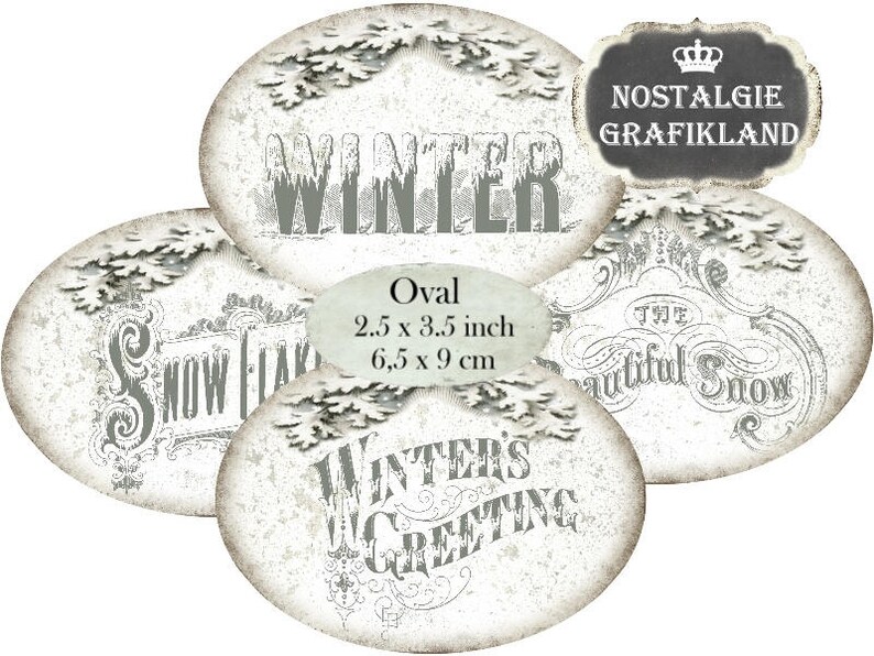 Winter Labels Snow Printable Greetings Snowflakes Ice Oval 3.5 - Etsy