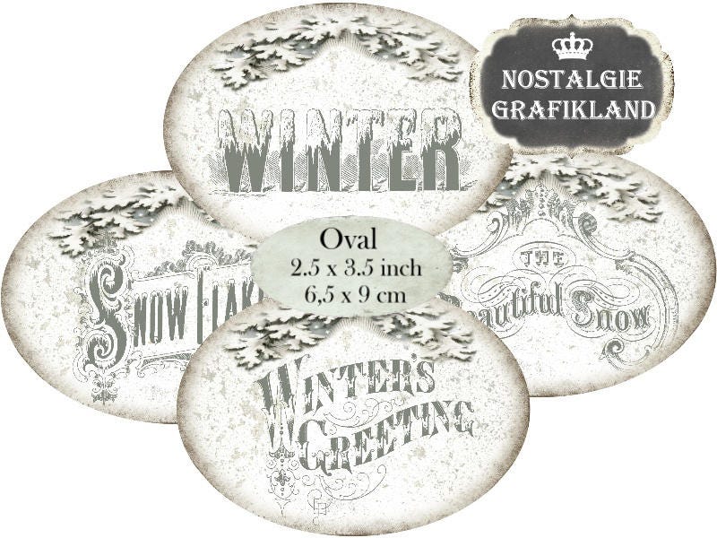 Winter Labels Snow printable Greetings Snowflakes Ice Oval | Etsy