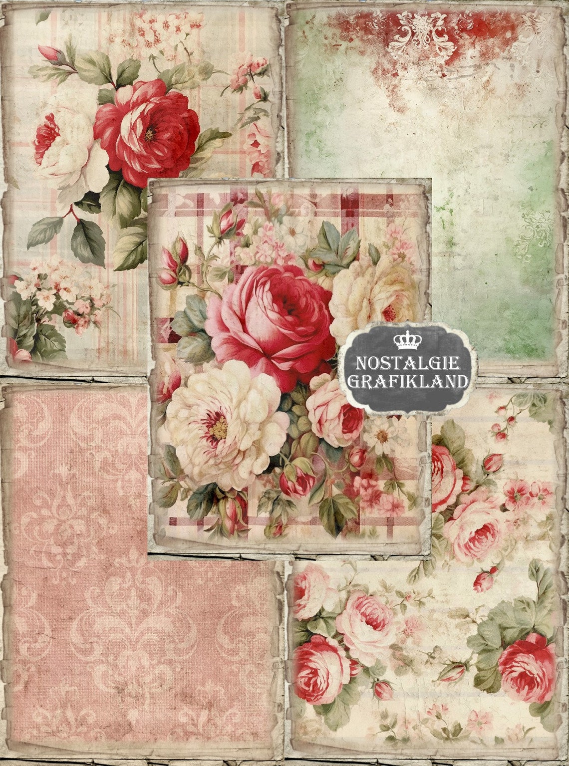 DISTRESSED RED ROSE Digital Papers Paper Pack Faded Background ...