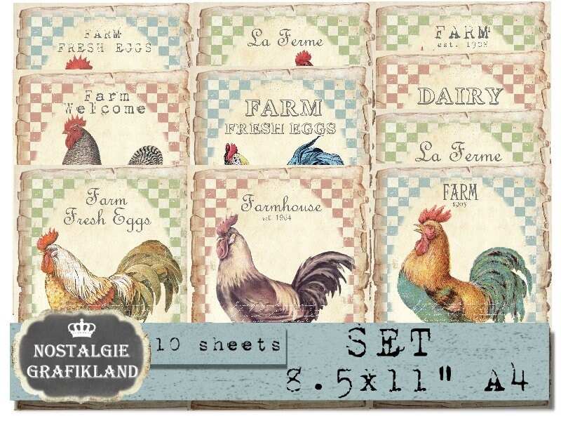 Farm Printable Rooster Hen Fresh Eggs Country Papers Shabby Chic ...