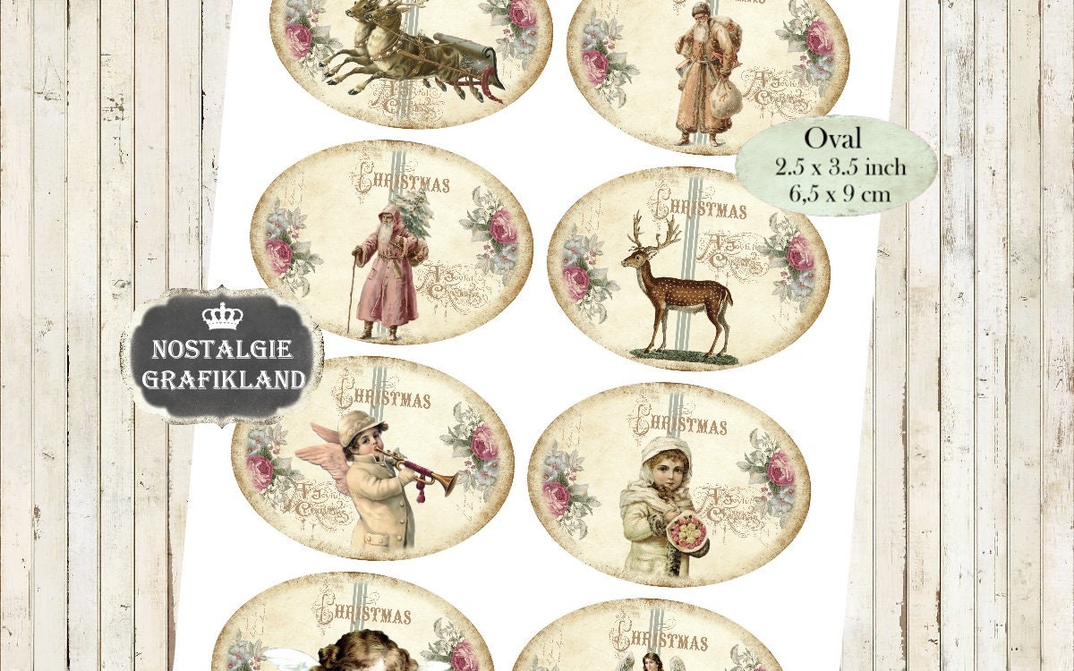 Christmas Labels Reindeer Santa Claus Shabby Chic Ovals 3.5x2.5 Digital ...