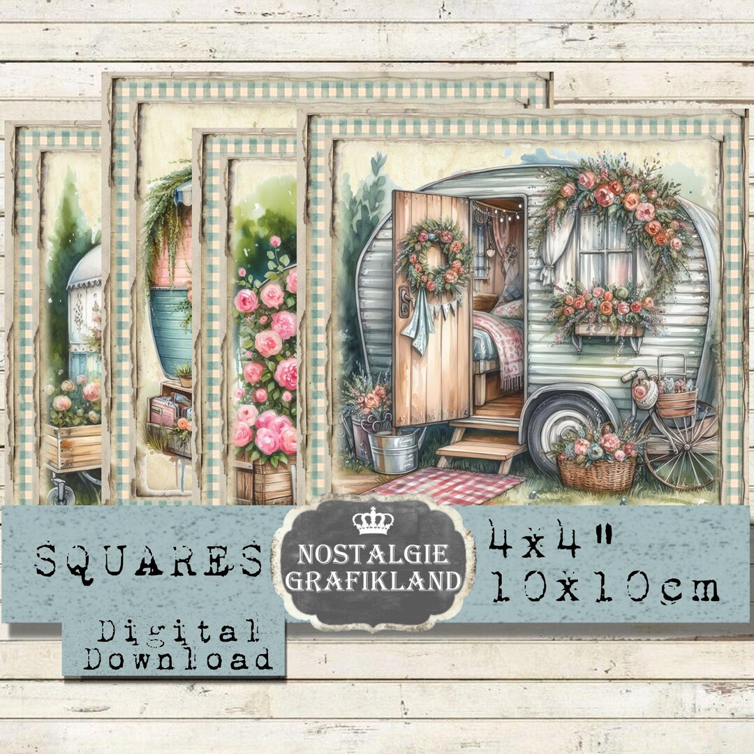 Caravan Squares Camping Country Printable Tiles Coaster 4x4 Inch ...