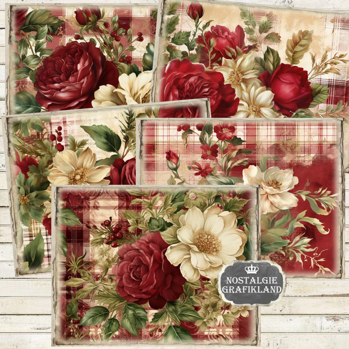 RED ROSES Papers Printable Landscape Horizontal Shabby Roses Scrapbook ...
