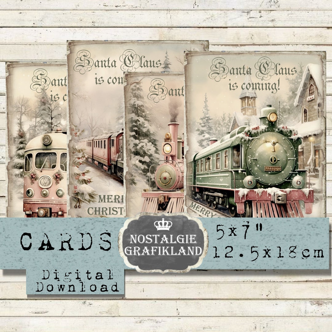 Santa Claus Train Cards Printable Christmas Locomotive Digital Vintage ...