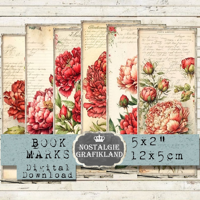 Red Peonies Bookmarks Printable Flowers Journaling Embellishments ...