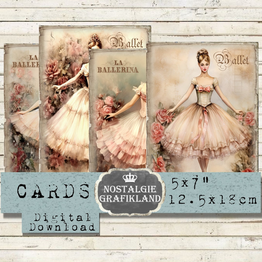 Ballerina Ballet Cards Printable Shabby Chic Ephemera 5x7 Inch Digital ...