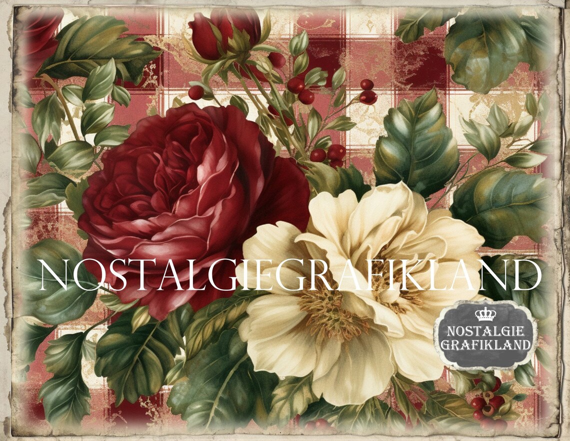 RED ROSES Papers Printable Landscape Horizontal Shabby Roses Scrapbook ...